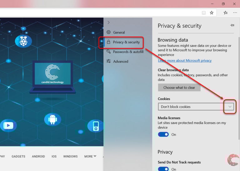 How to disable or enable cookies on Edge?