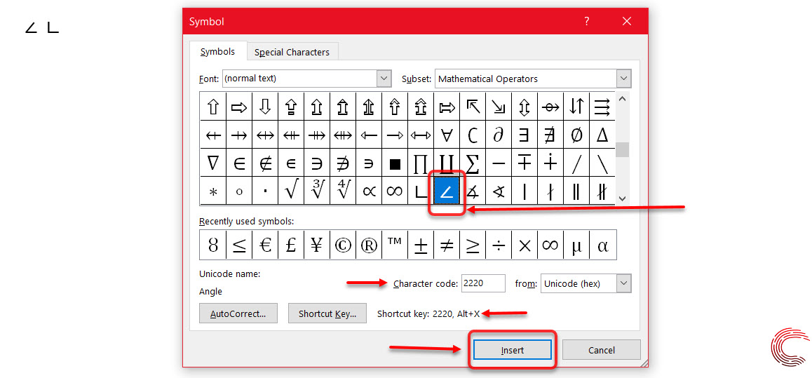 How to insert the 'angle' symbol in Word?