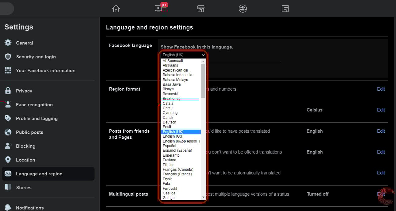 How to change the language on Facebook?