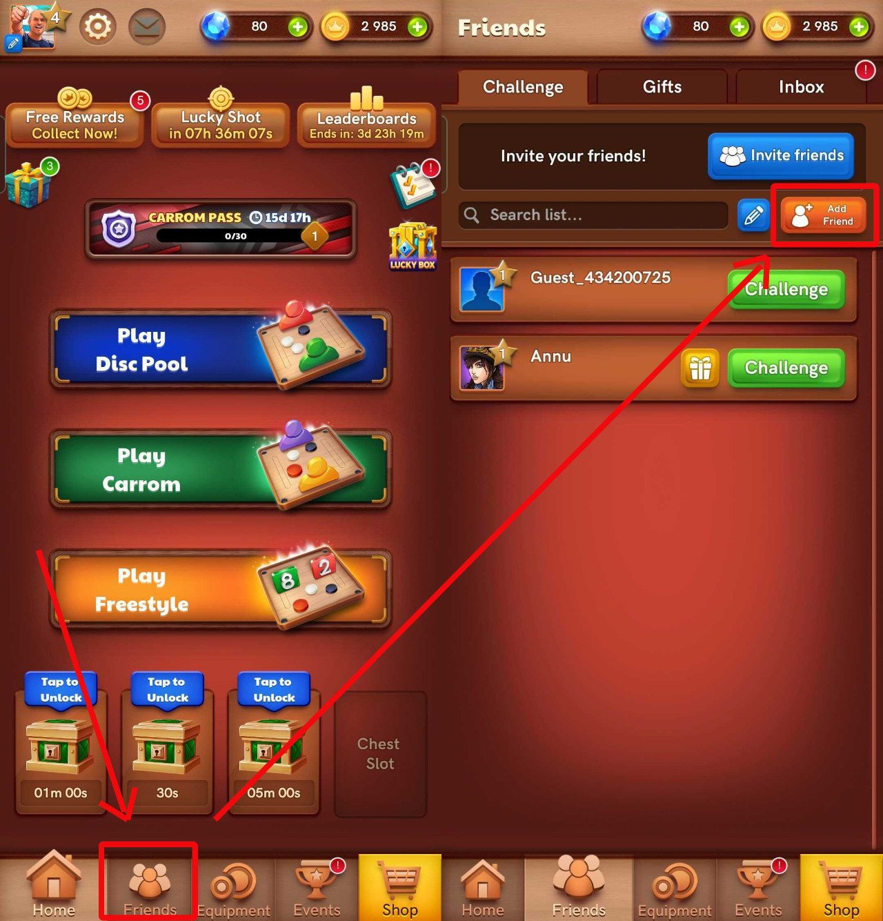 How to add friends in Carrom Pool: Disc Game?