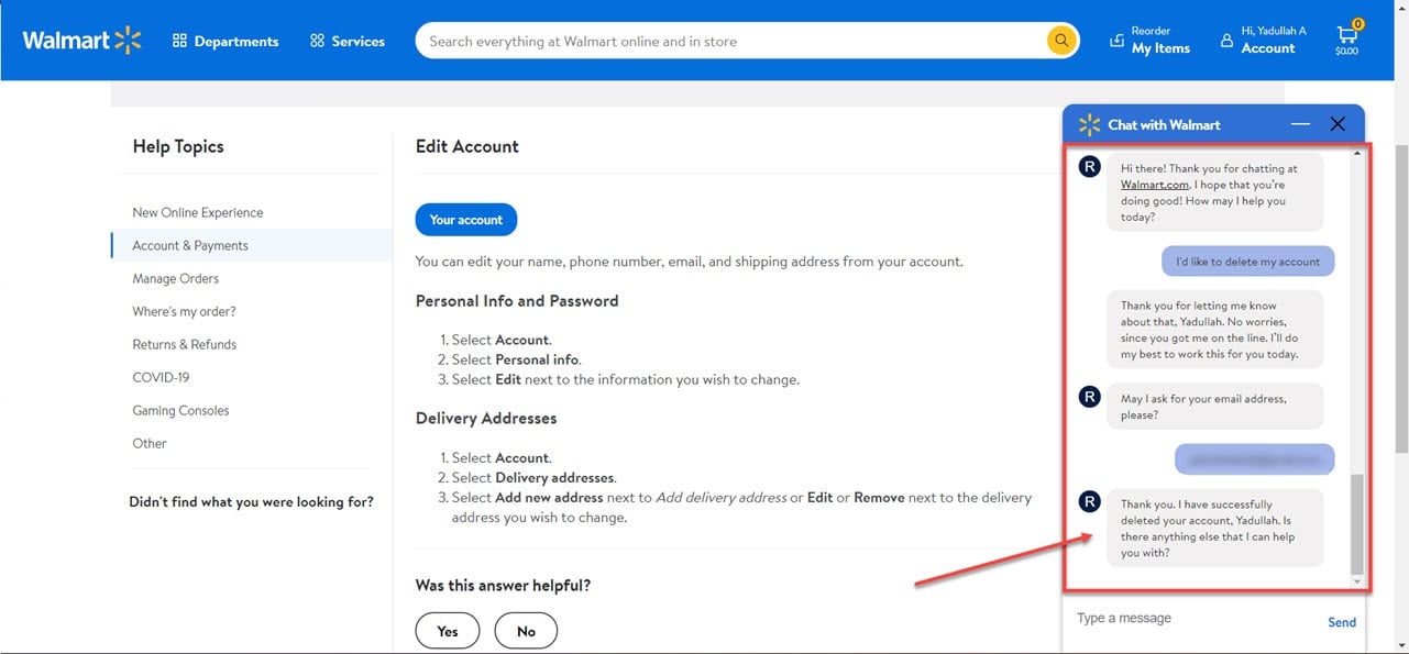 How to delete Walmart account?