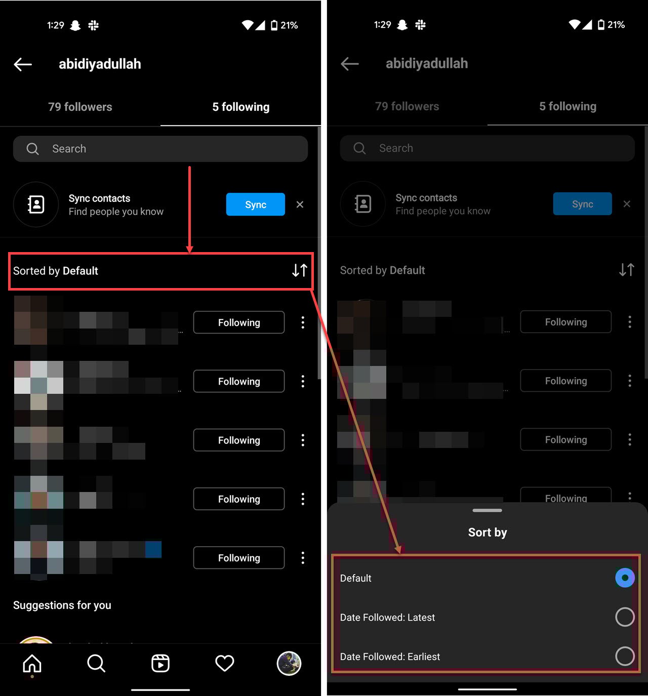 How are followers ordered on Instagram?