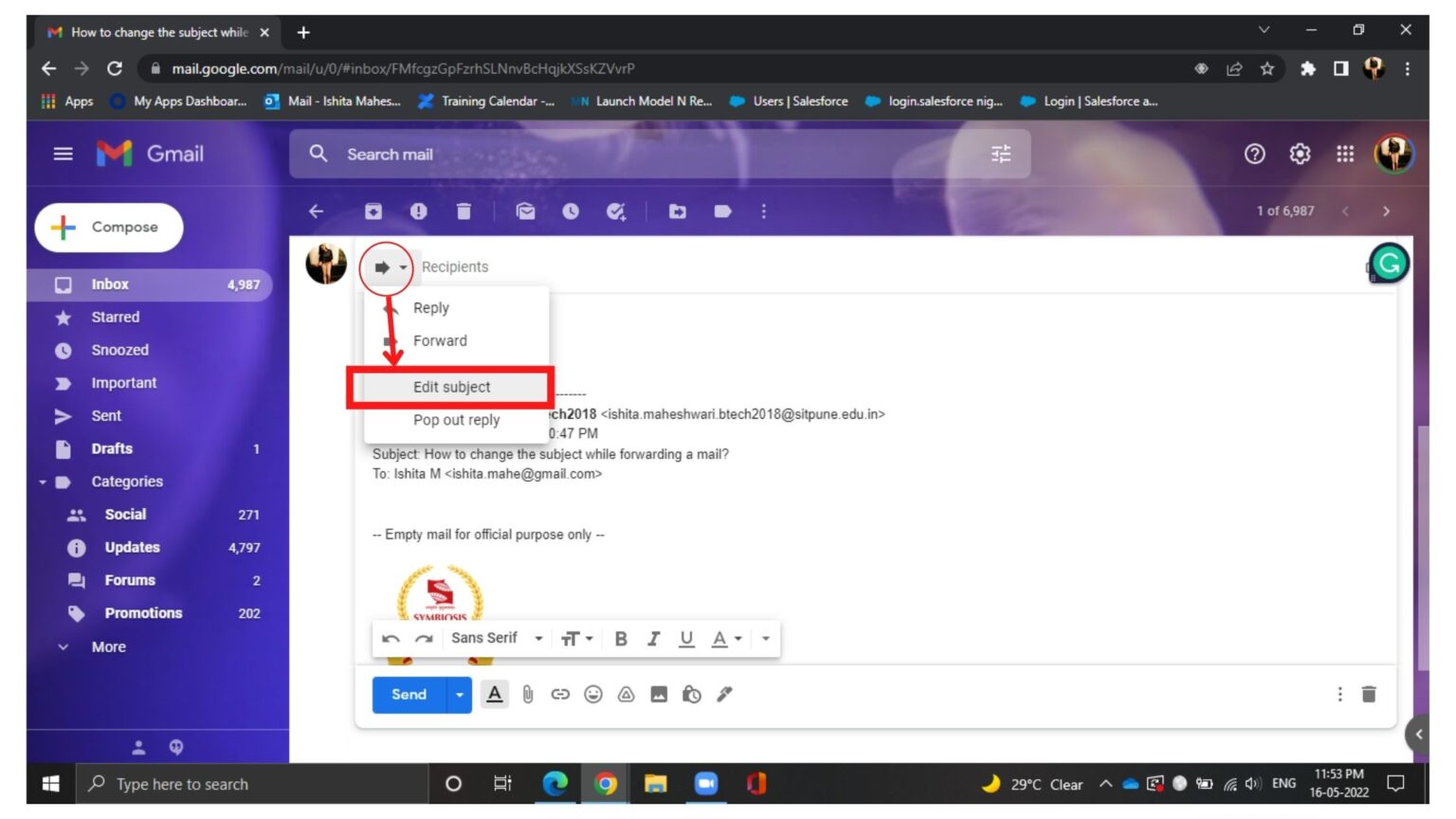 How to change the subject line when forwarding an email on Gmail?