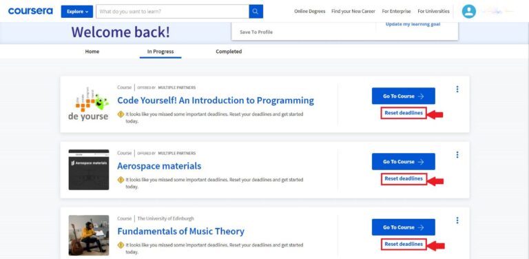 How to reset deadlines in Coursera?