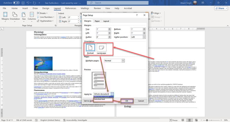 How to change the orientation of one page in Word?