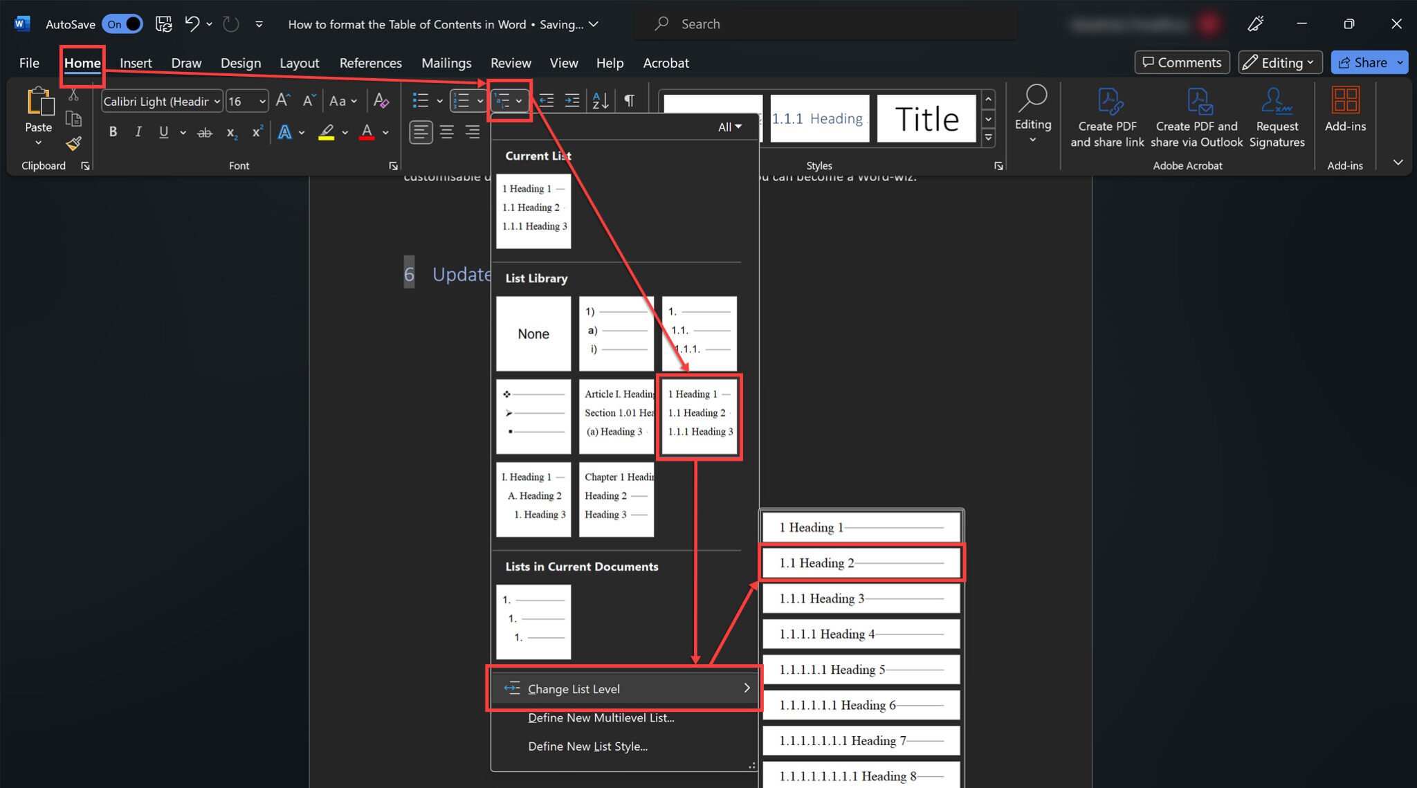 How to format Table of Contents in Word?