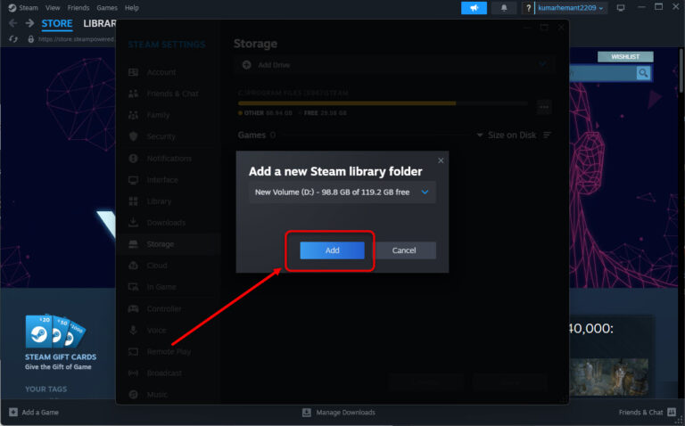 How to check Steam storage space on Windows 11?