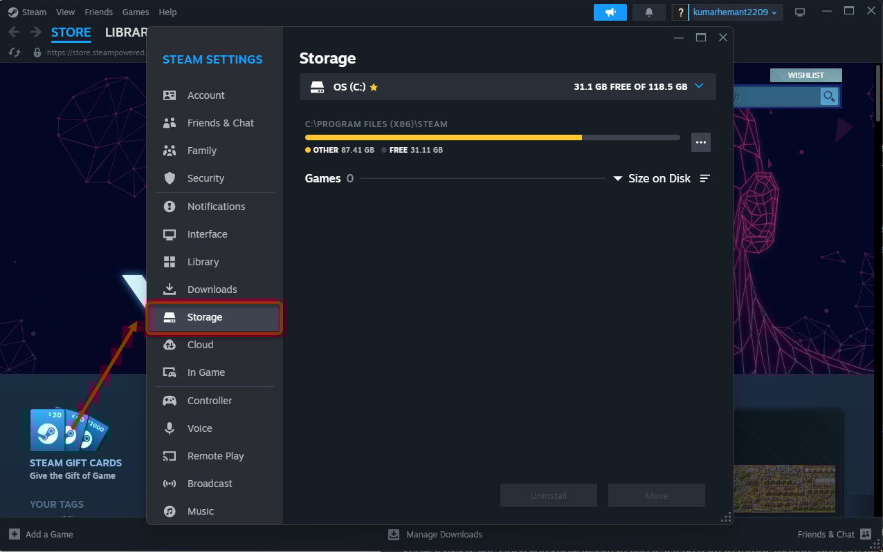 How to check Steam storage space on Windows 11?