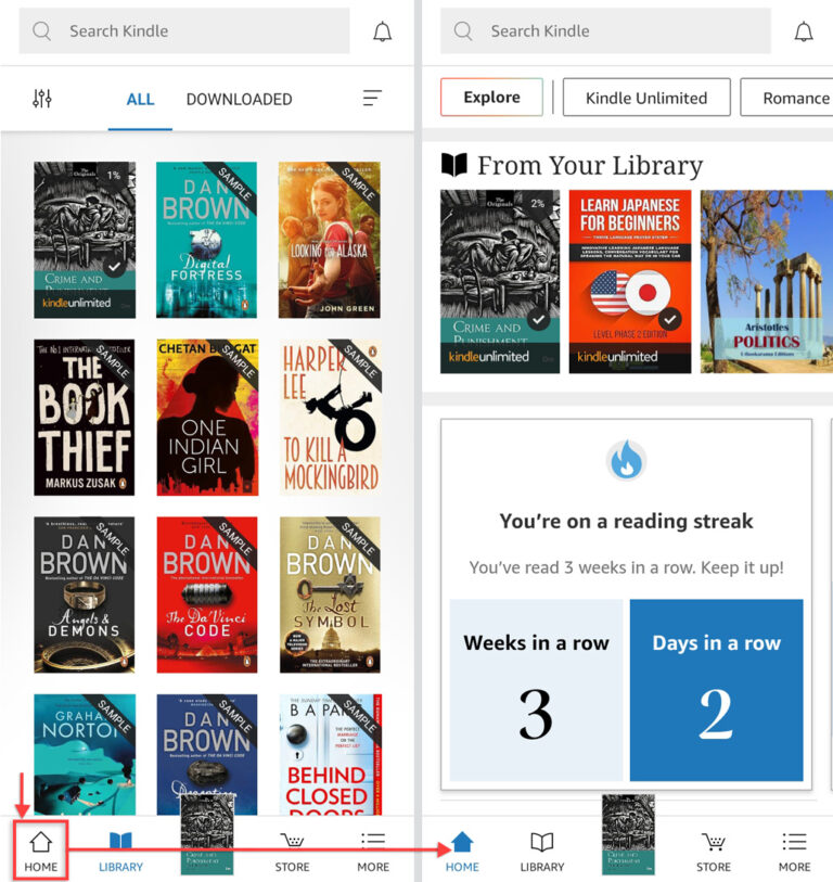How to get to the home screen on Kindle?