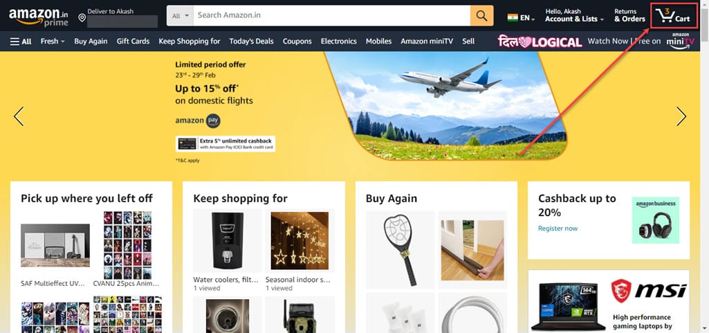 How to empty the cart on Amazon?