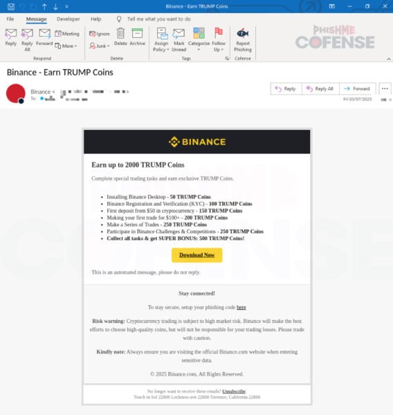 Fake Trump cryptocurrency Binance email scam installs ConnectWise RAT